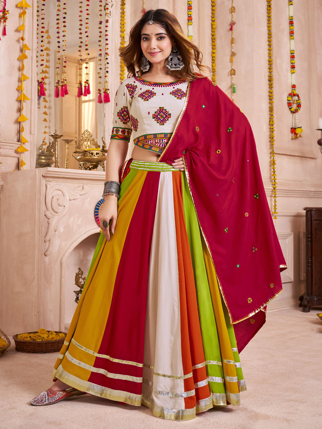 Festive, Navratri, Reception Multicolor color Cotton, Viscose fabric ...