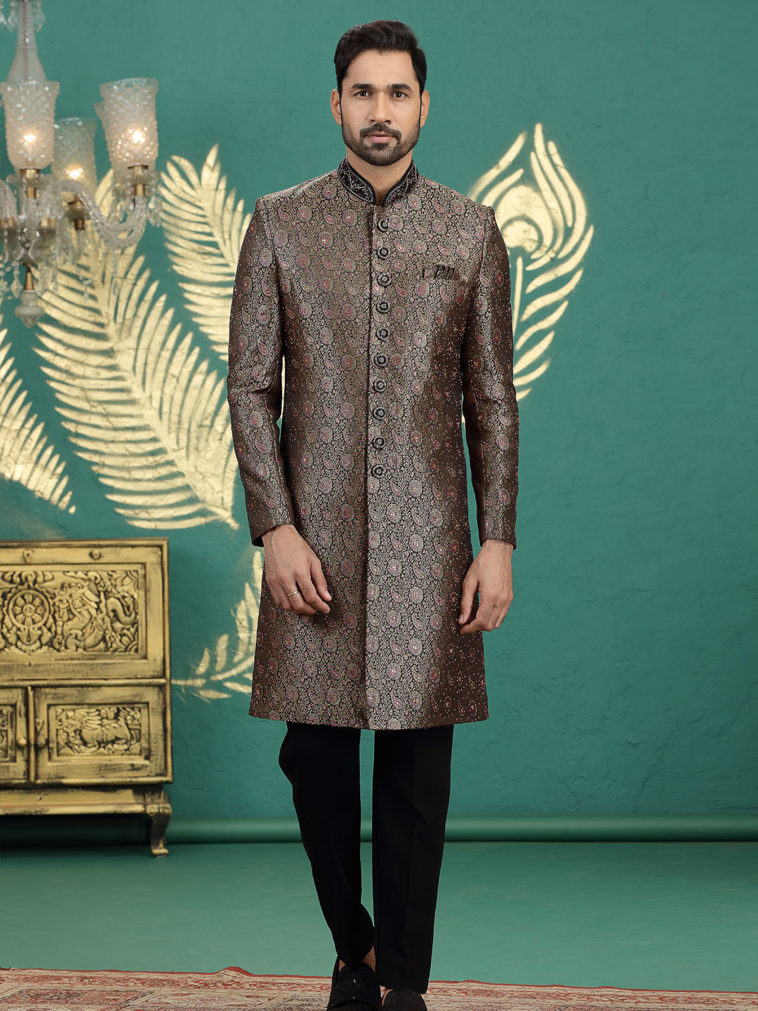 Reception, Wedding Black and Grey color Banarasi Silk, Jacquard fabric ...