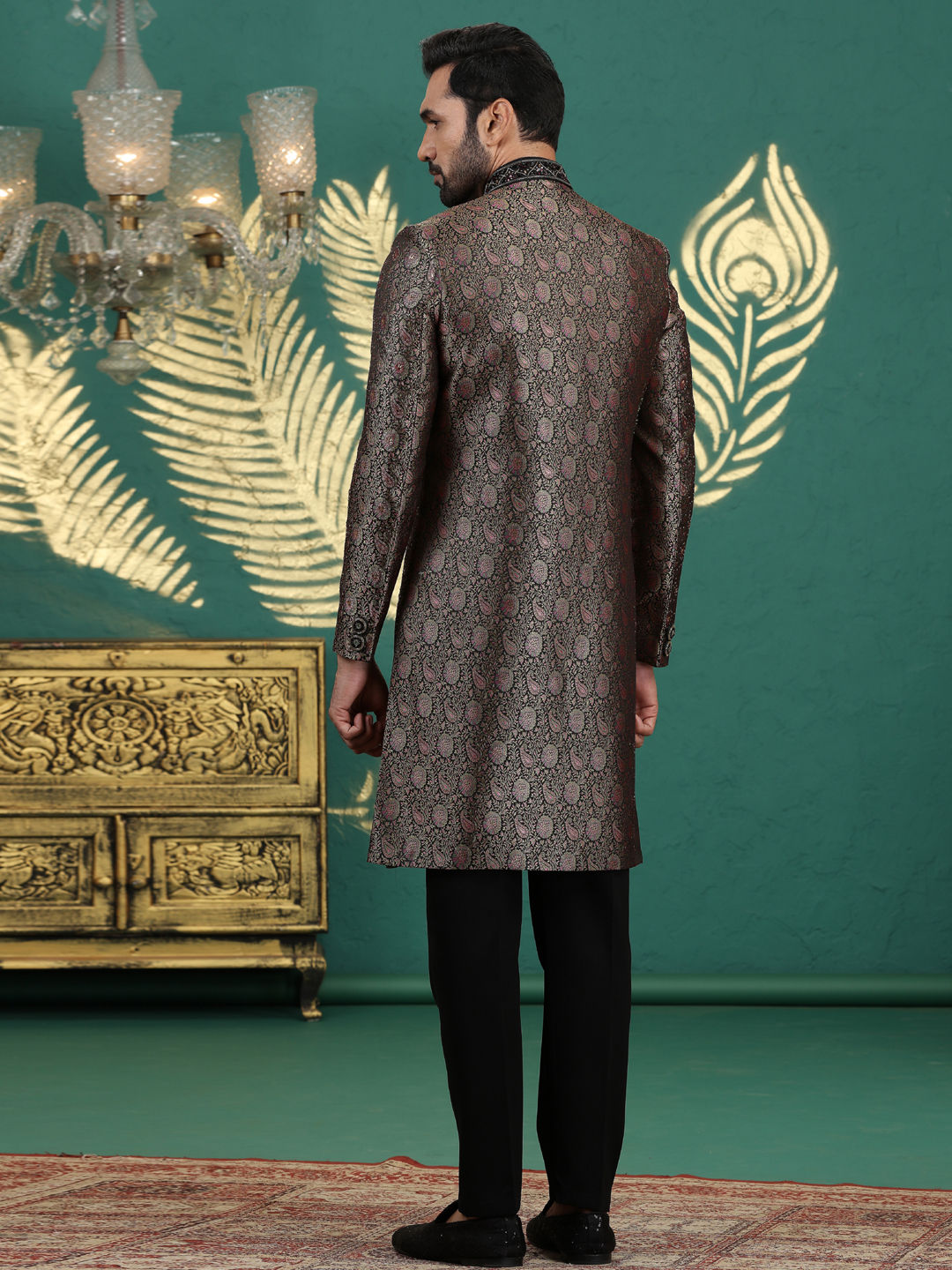 Reception, Wedding Black and Grey color Banarasi Silk, Jacquard fabric ...