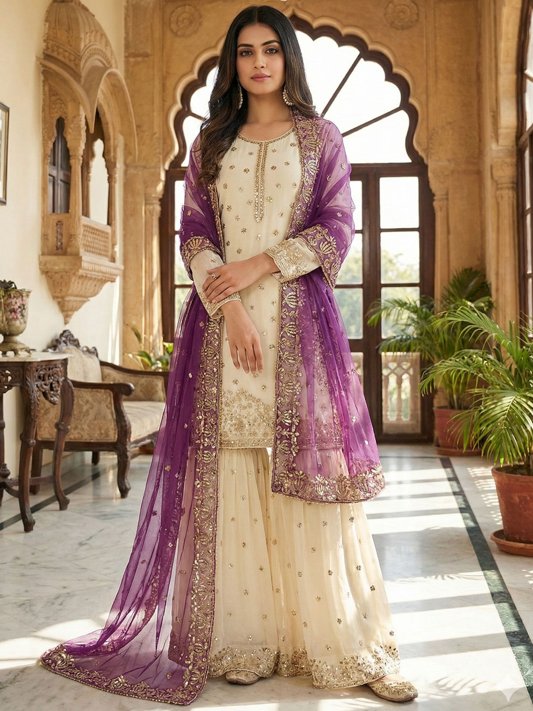 Festive, Party Wear, Reception Purple and Violet, White and Off White ...