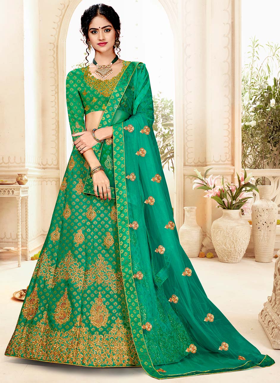 Festive, Mehendi Sangeet, Reception Green color Jacquard fabric Lehenga : 1602499