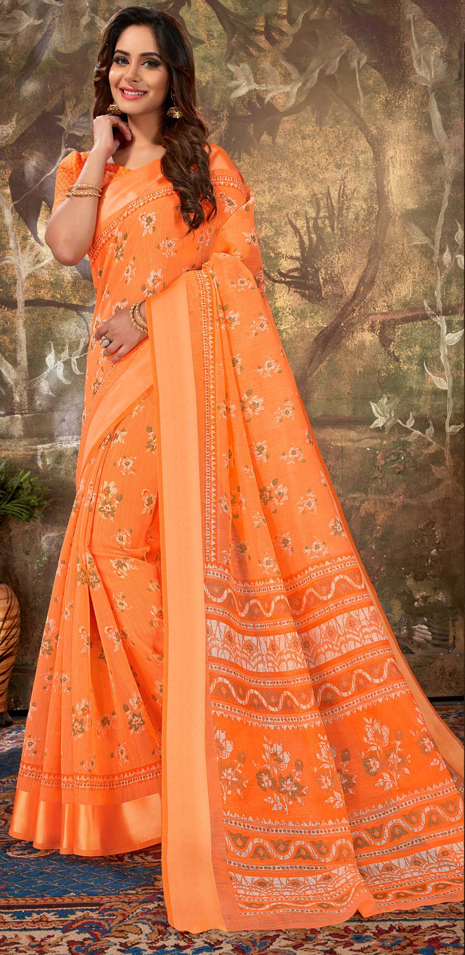 Casual, Traditional Orange color Cotton fabric Saree : 1618157