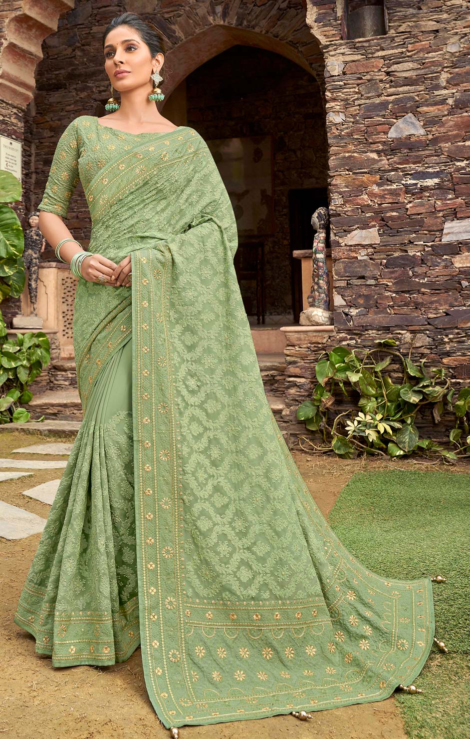 Festive, Wedding Green color Georgette, Satin Silk fabric Saree : 1675940