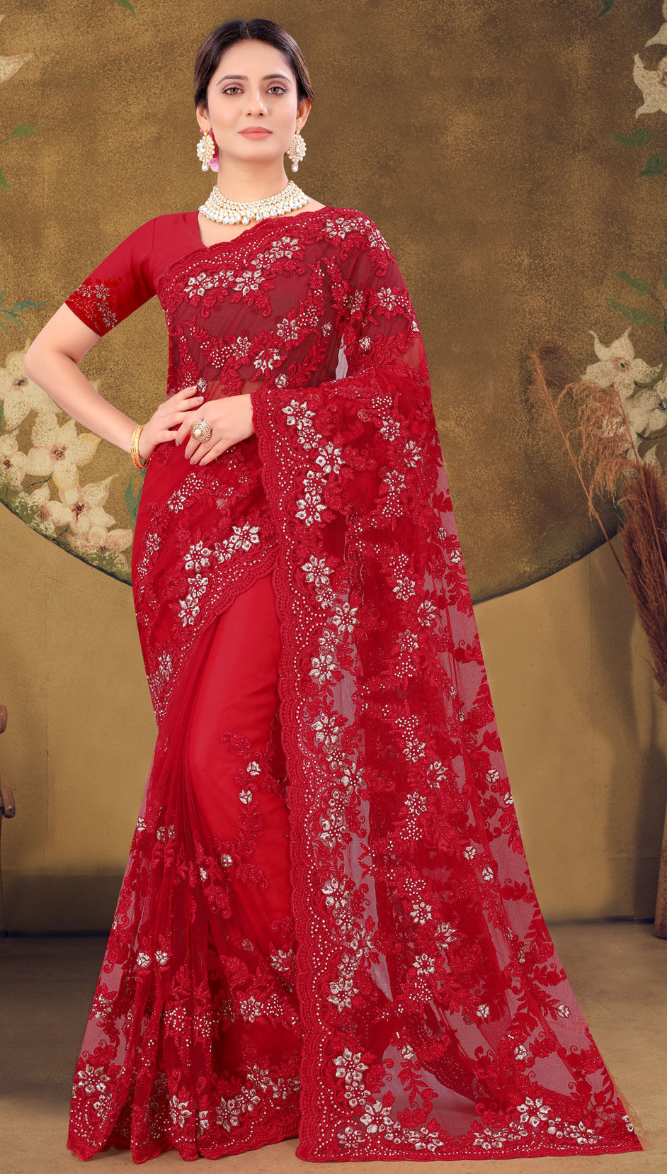 Bridal, Wedding Red and Maroon color Net fabric Saree : 1745141