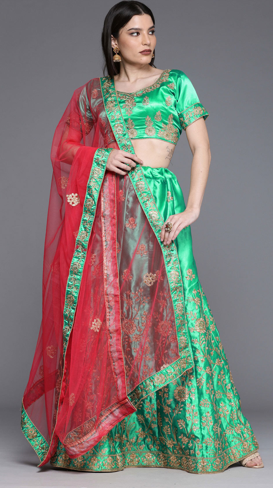 Engagement, Festive, Reception Green color Satin Silk fabric Lehenga ...