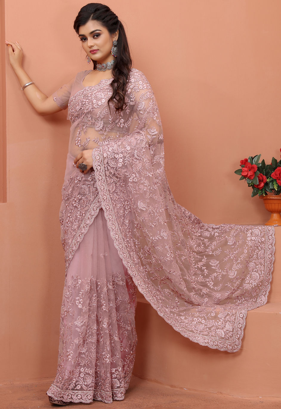 Party Wear, Reception Purple and Violet color Net fabric Saree : 1814372