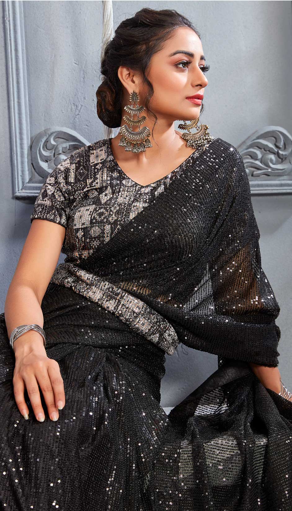Festive, Reception Black and Grey color Net fabric Saree : 1842289
