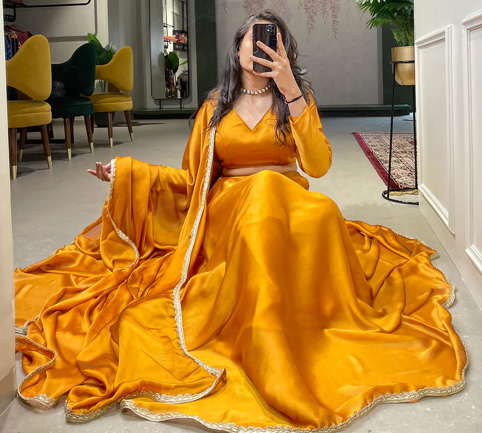 Mehendi Sangeet, Reception Yellow color Silk fabric Lehenga : 1856841