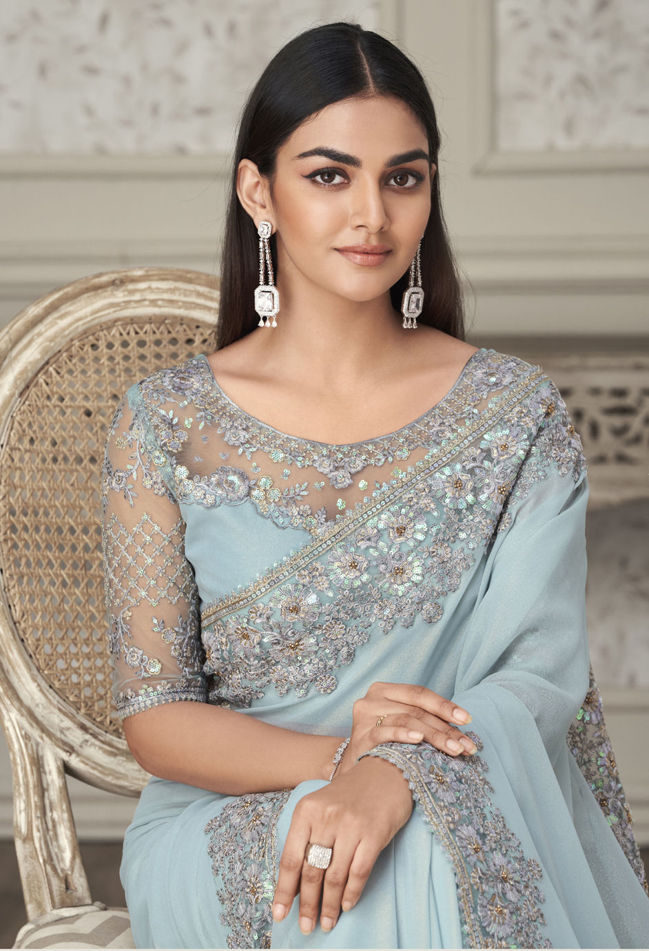 Party Wear, Reception Blue color Georgette fabric Saree : 1861750