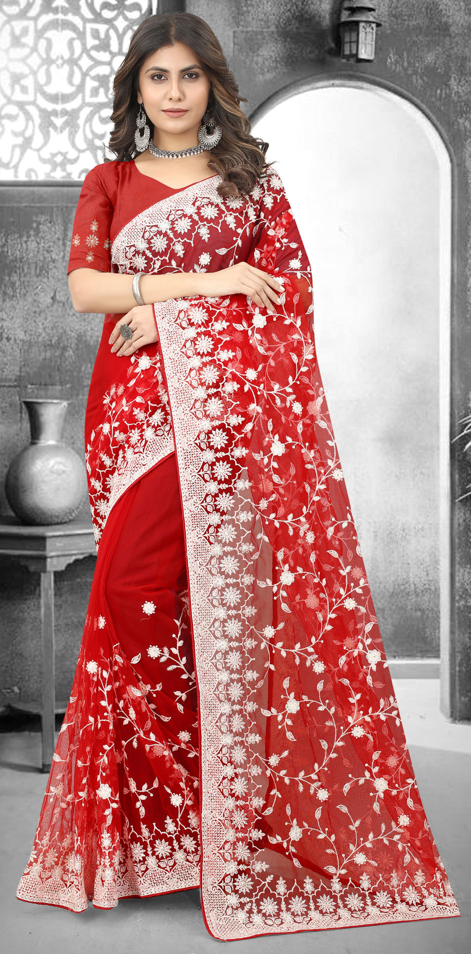 Engagement, Mehendi Sangeet, Reception Red and Maroon color Net fabric ...