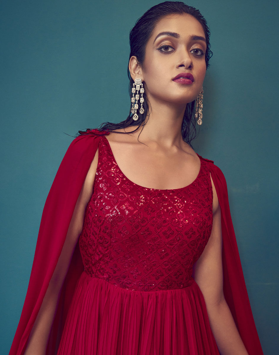 Party Wear, Reception Red and Maroon color Georgette fabric Gown : 1882650