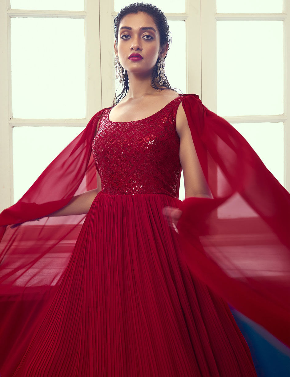 Party Wear, Reception Red and Maroon color Georgette fabric Gown : 1882650