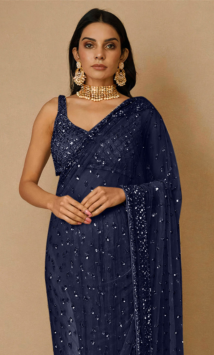 Party Wear, Reception Blue color Net fabric Saree : 1894849