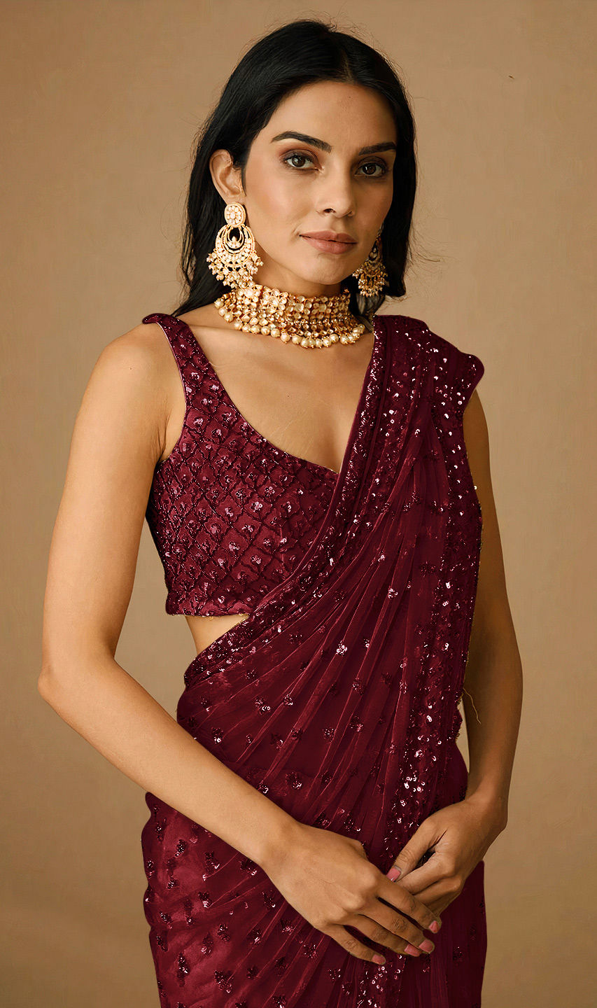 Party Wear, Reception Red and Maroon color Net fabric Saree : 1896498