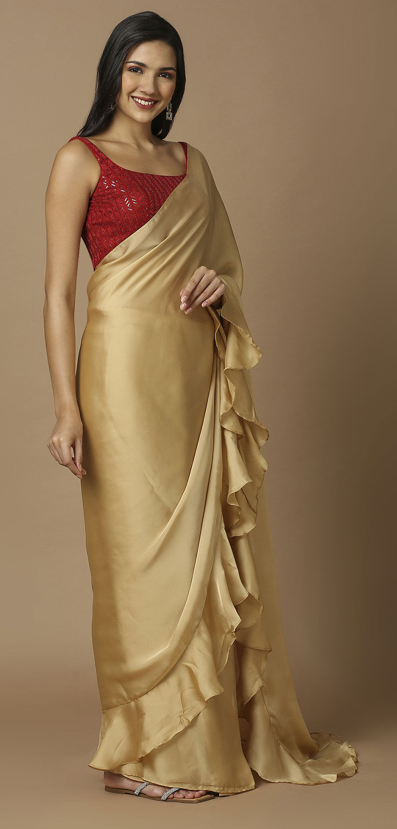 Party Wear, Reception, Traditional Gold color Satin Silk fabric Saree ...