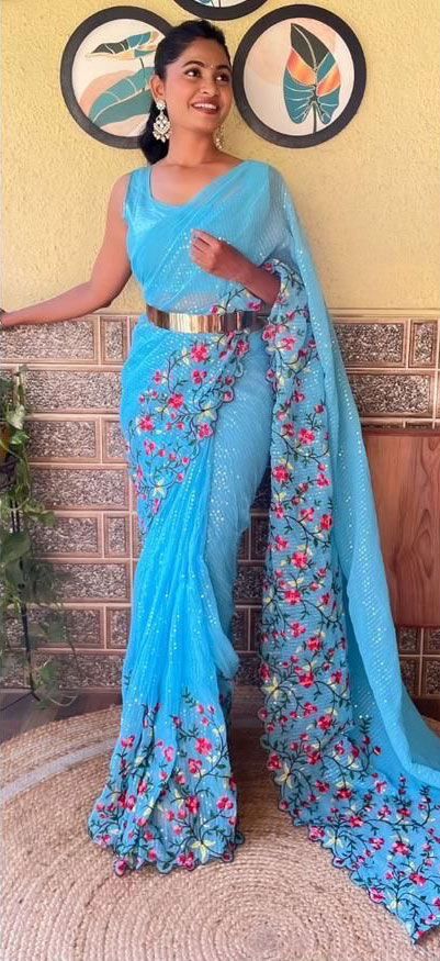 Festive, Reception, Wedding Blue color Georgette fabric Readymade Saree ...