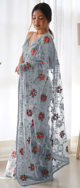 Engagement, Festive, Reception Black and Grey color Net fabric Saree ...