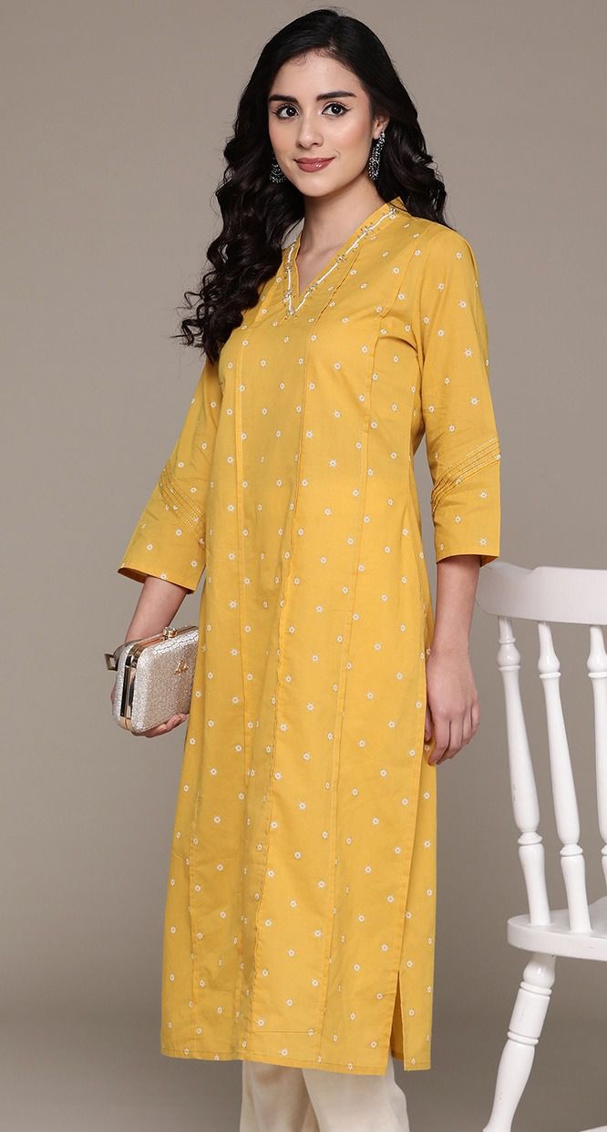 Summer Yellow color Cotton fabric Kurti : 1932636