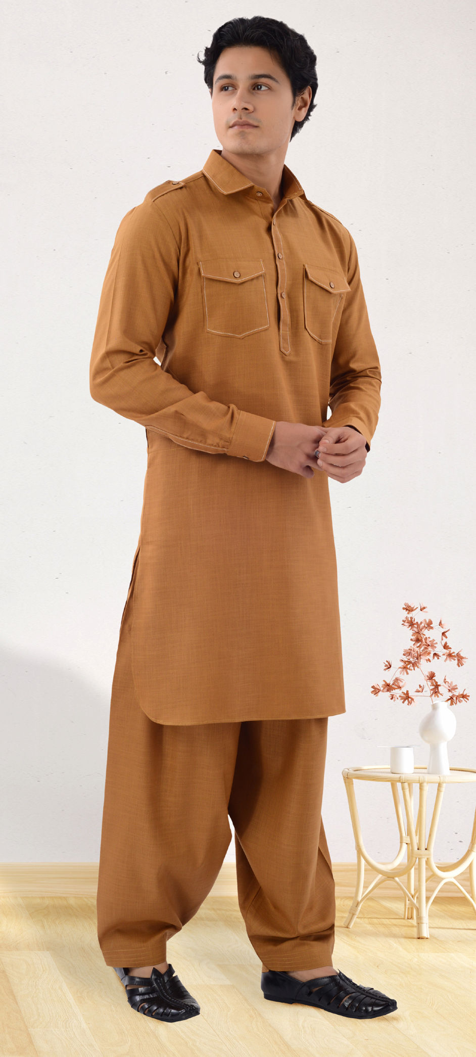 Party Wear Beige and Brown color Blended Cotton fabric Pathani Suit ...