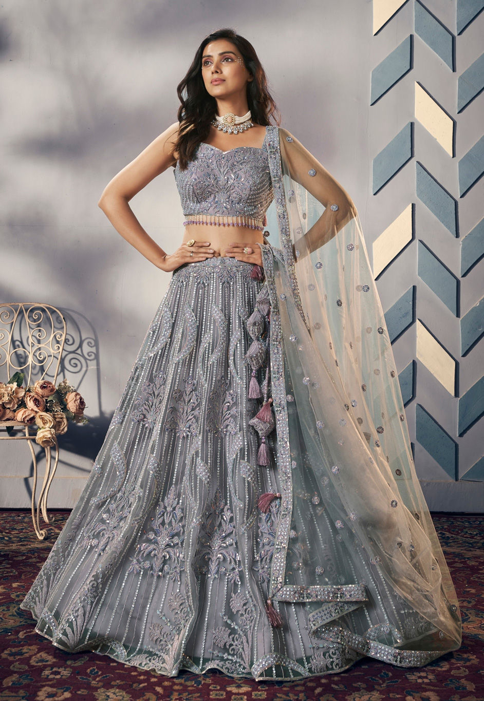 Bridal, Wedding Black and Grey color Net fabric Lehenga : 1937075