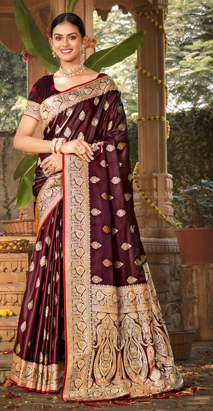 Reception, Traditional Red and Maroon color Satin Silk fabric Saree ...