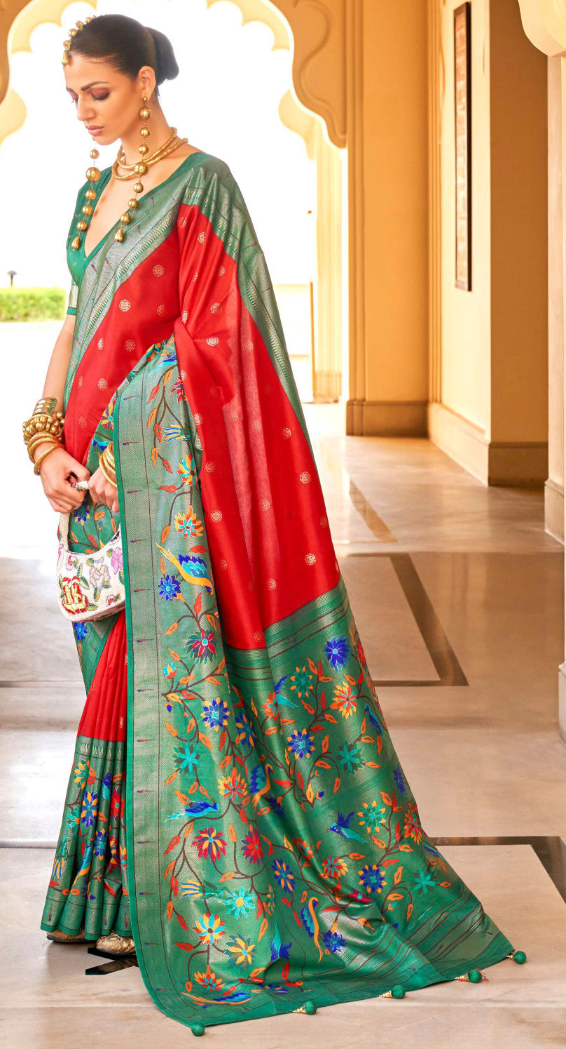 Festive, Traditional Green, Red and Maroon color Silk fabric Saree : 1944826