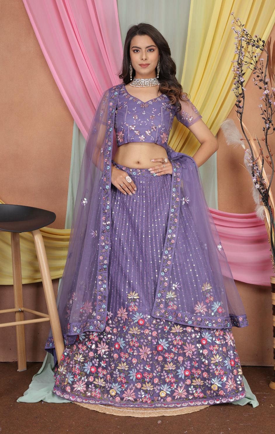 Bridal, Wedding Purple and Violet color Net fabric Lehenga : 1945693