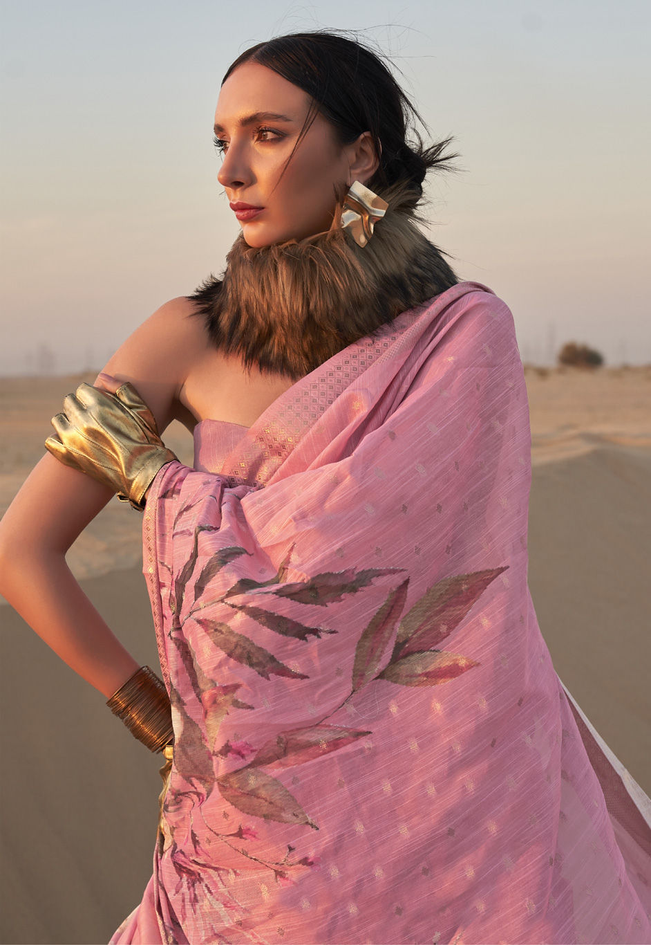 Party Wear, Traditional Pink and Majenta color Linen fabric Saree : 1949193