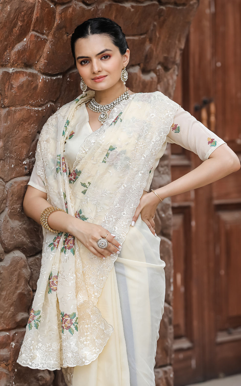 Festive, Reception, Wedding White and Off White color Chiffon fabric ...