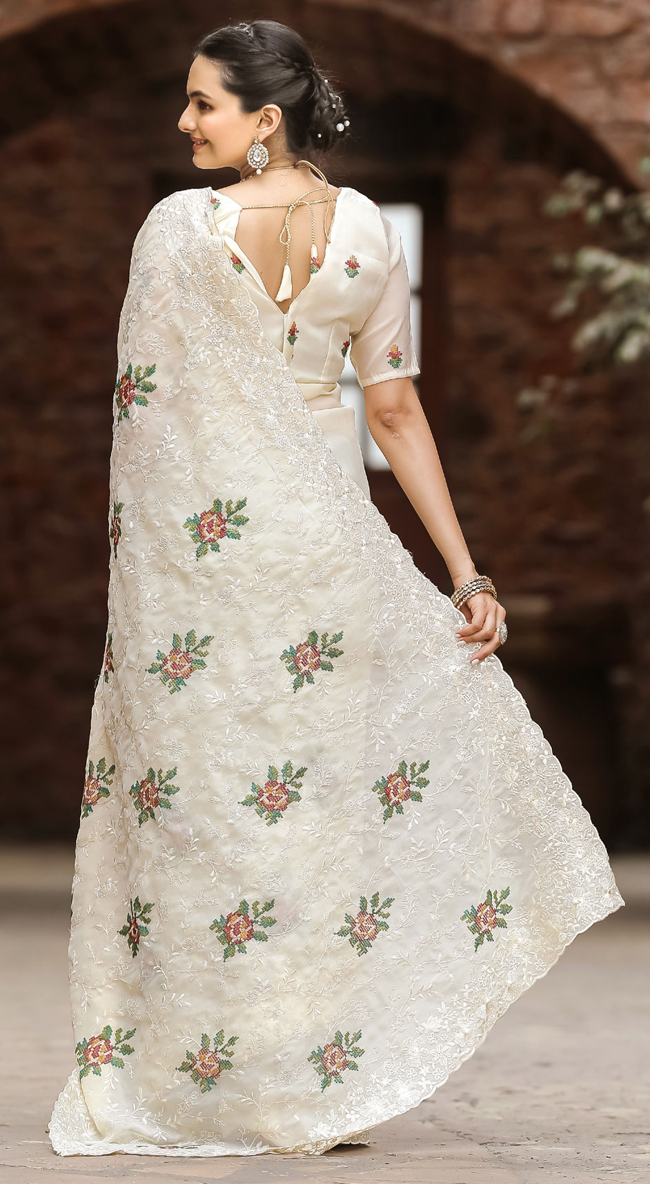 Festive, Reception, Wedding White and Off White color Chiffon fabric ...