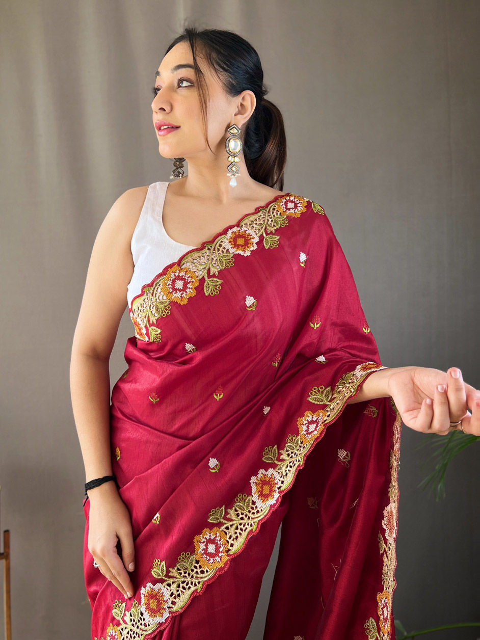 Reception, Traditional Red and Maroon color Silk fabric Saree : 1949772