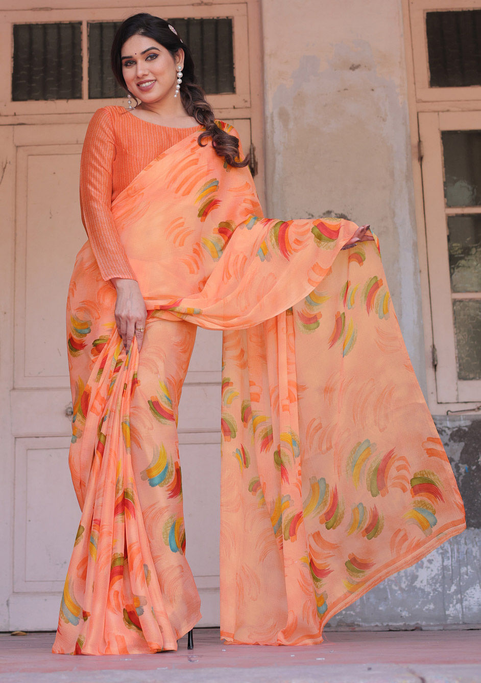 Casual Orange color Chiffon fabric Saree : 1950873