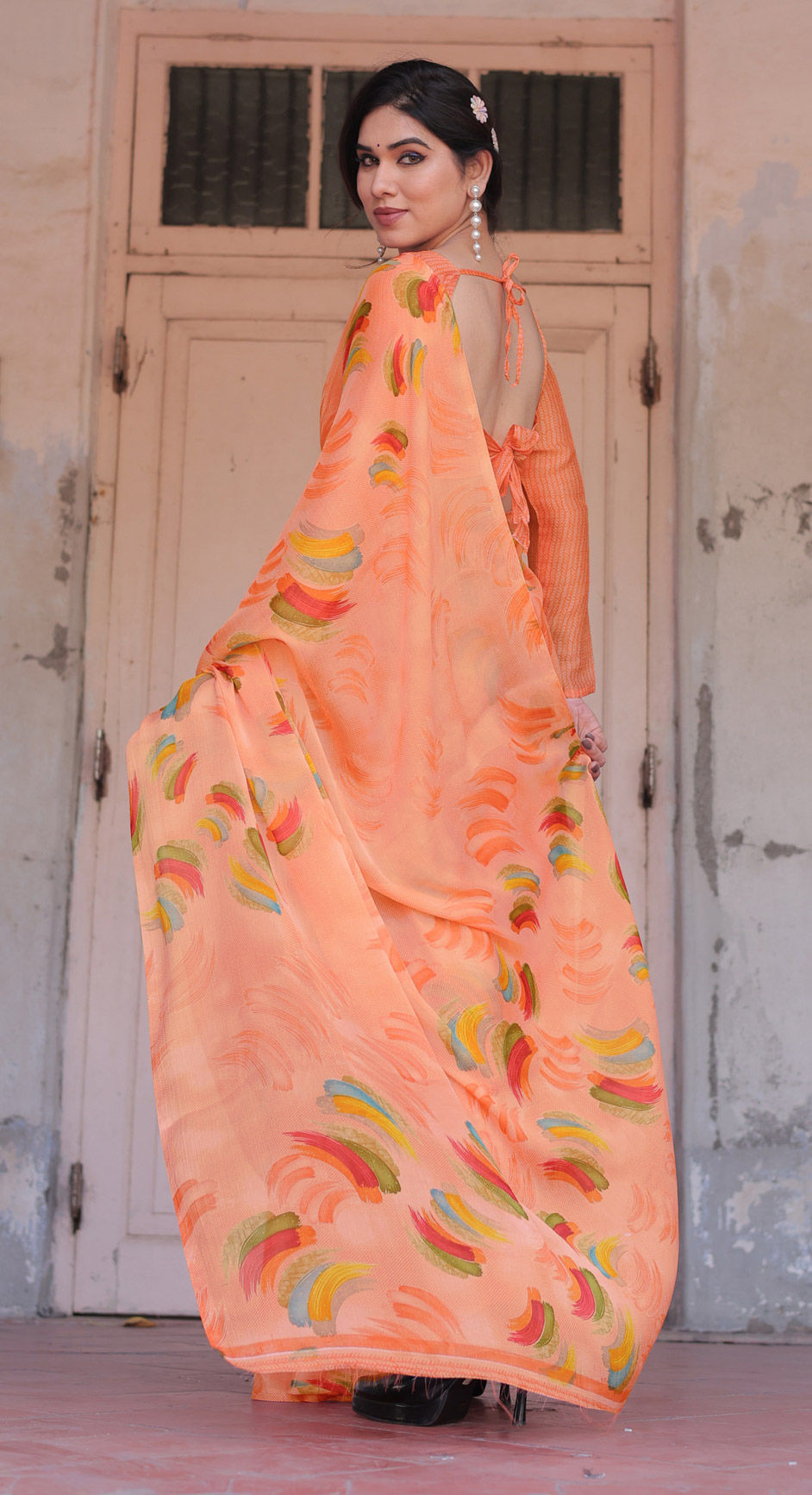 Casual Orange color Chiffon fabric Saree : 1950873