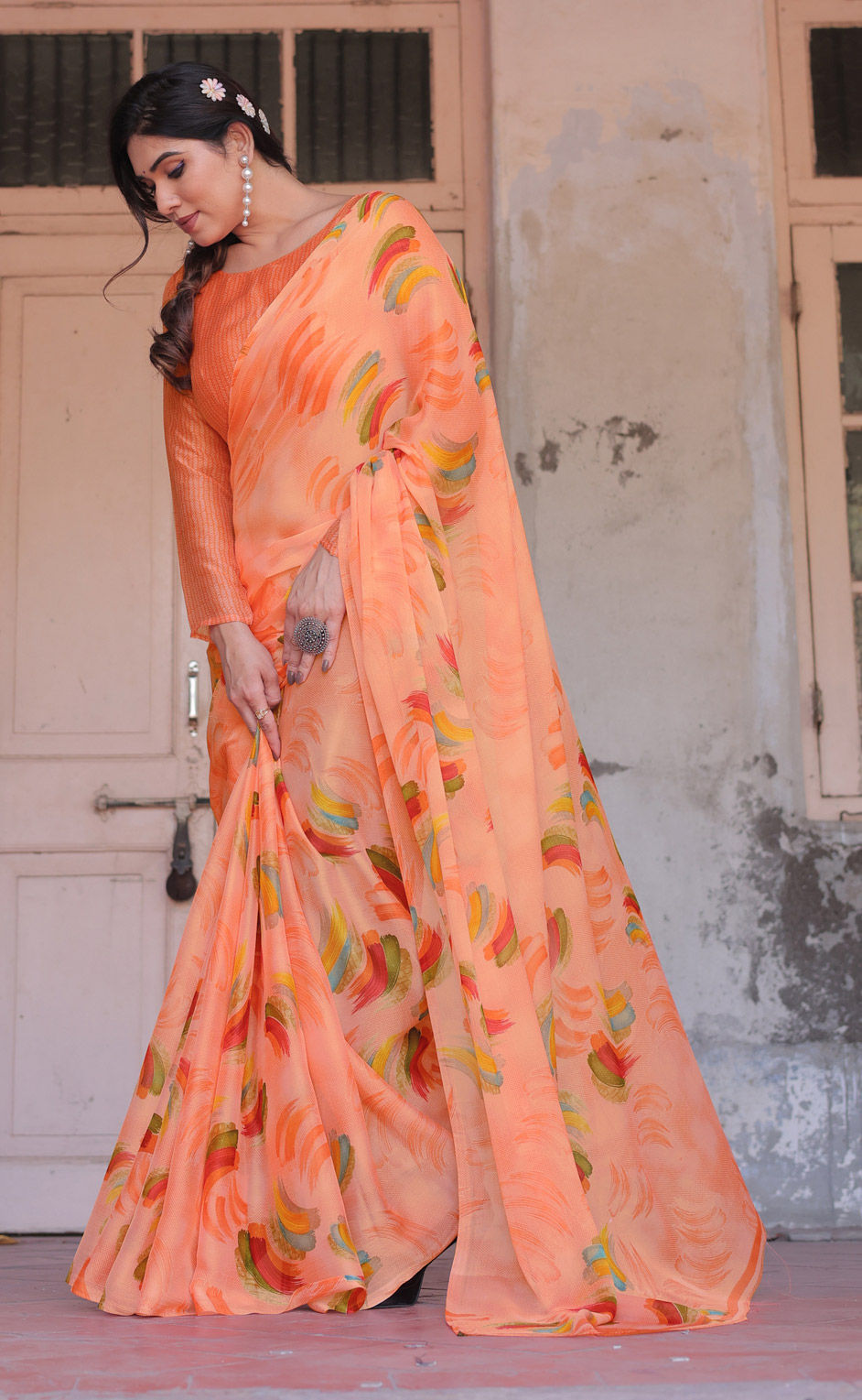 Casual Orange color Chiffon fabric Saree : 1950873