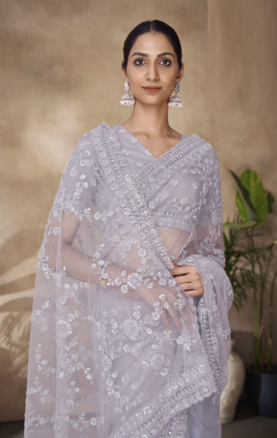 Bridal, Wedding Black and Grey color Net fabric Saree : 1951413