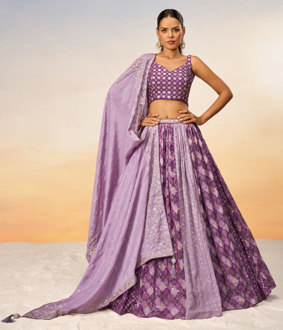 Bridal, Wedding Purple and Violet color Chiffon fabric Lehenga : 1952262