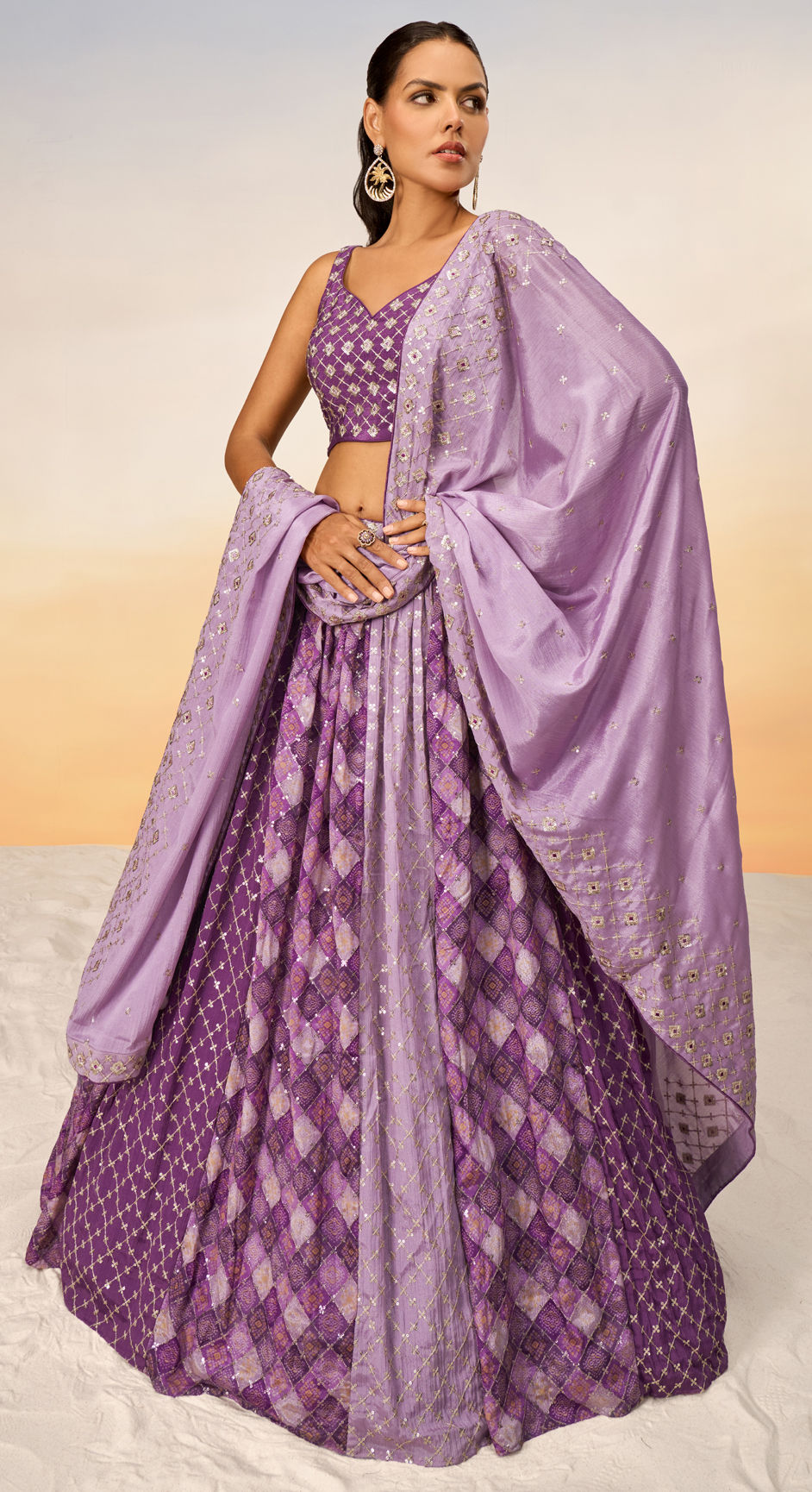 Bridal, Wedding Purple and Violet color Chiffon fabric Lehenga : 1952262