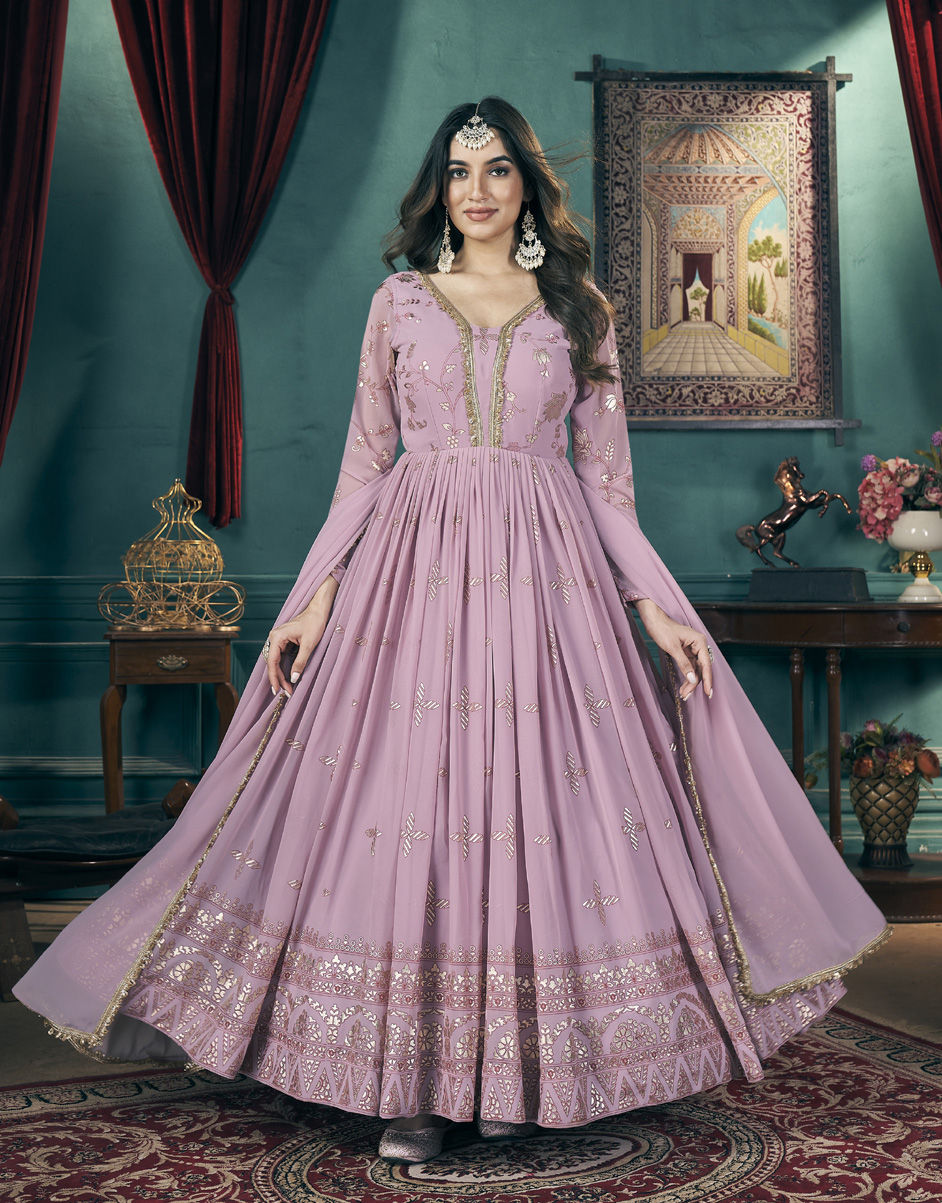 Engagement, Reception, Wedding Pink and Majenta color Faux Georgette fabric Gown : 1952551