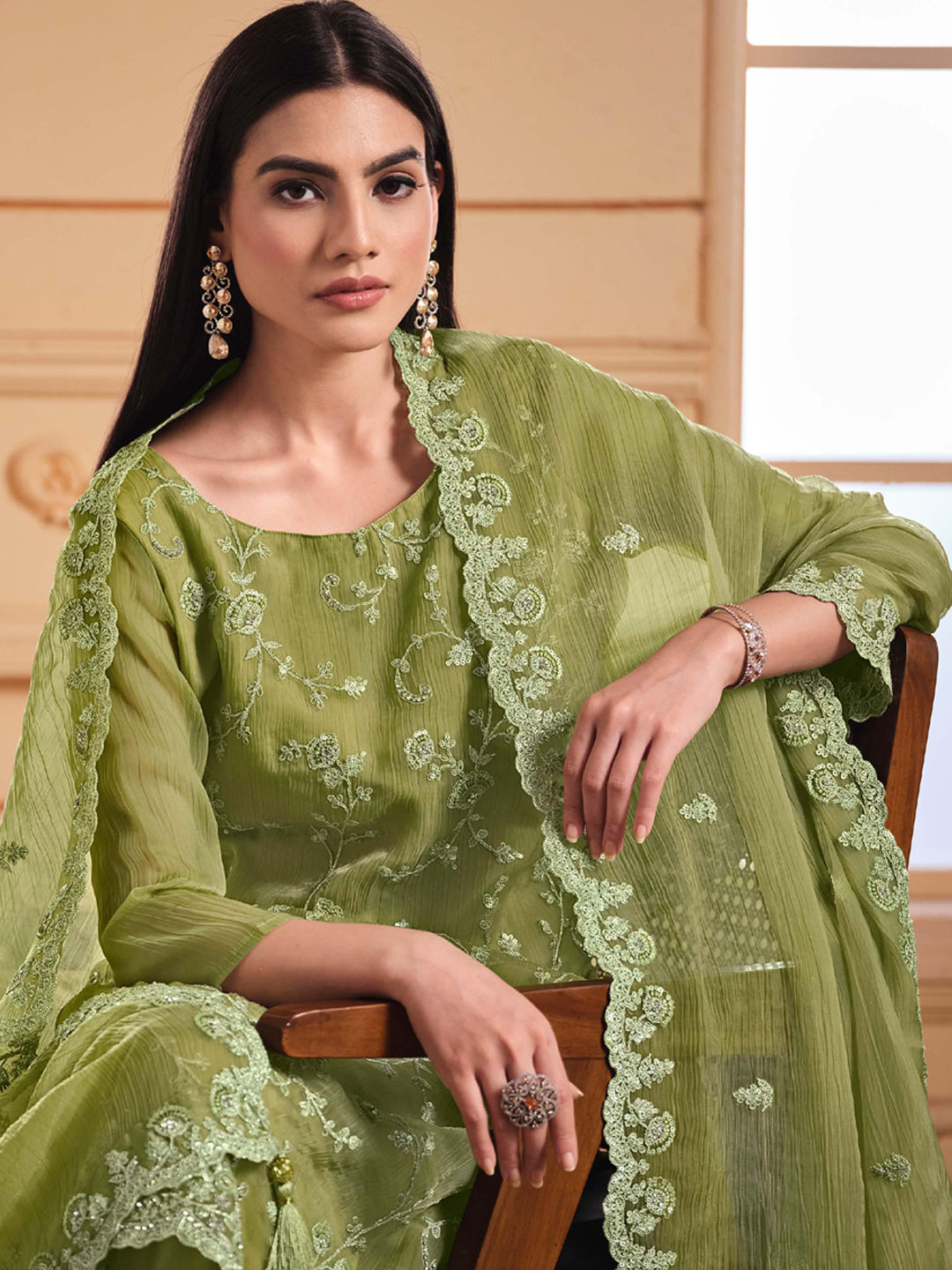 Festive, Mehendi Sangeet, Reception Green color Organza Silk fabric ...
