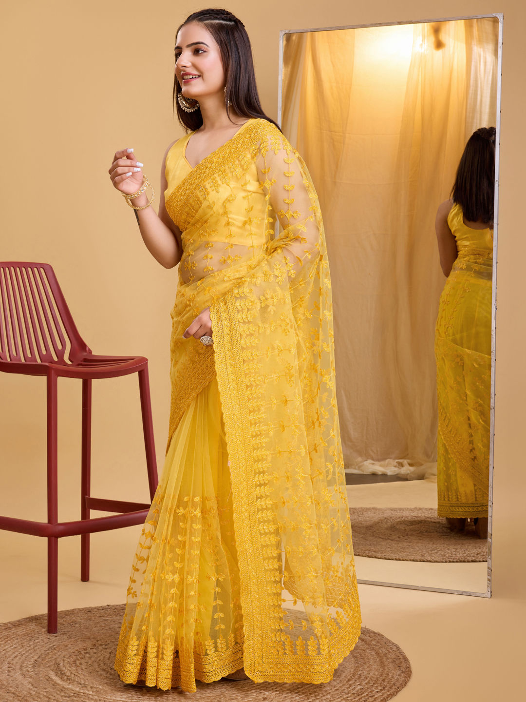 Festive, Party Wear Yellow color Net fabric Saree : 1953925