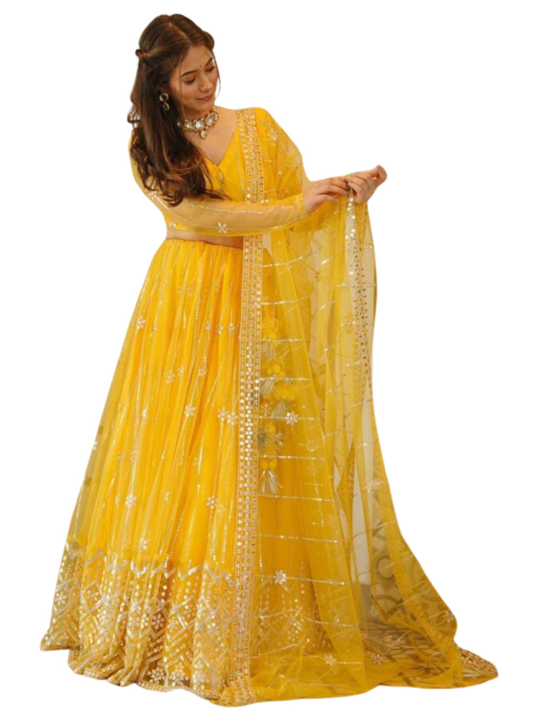 Bridal, Wedding Yellow color Net fabric Lehenga : 1954666