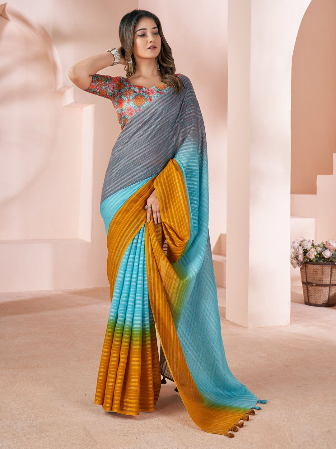 Summer, Traditional Multicolor color Linen fabric Saree : 1956668