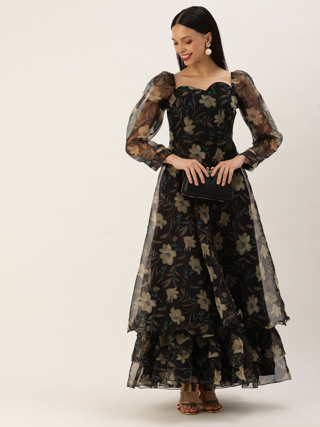 Party Wear Black and Grey color Organza Silk fabric Dress : 1957299