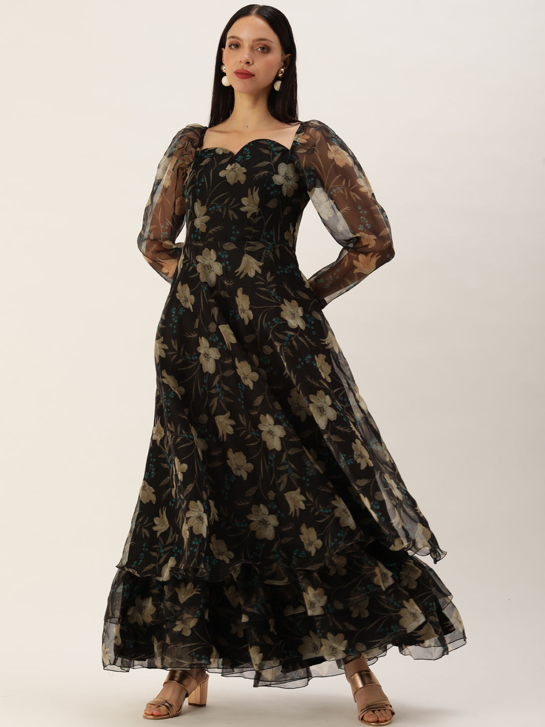Party Wear Black and Grey color Organza Silk fabric Dress : 1957299