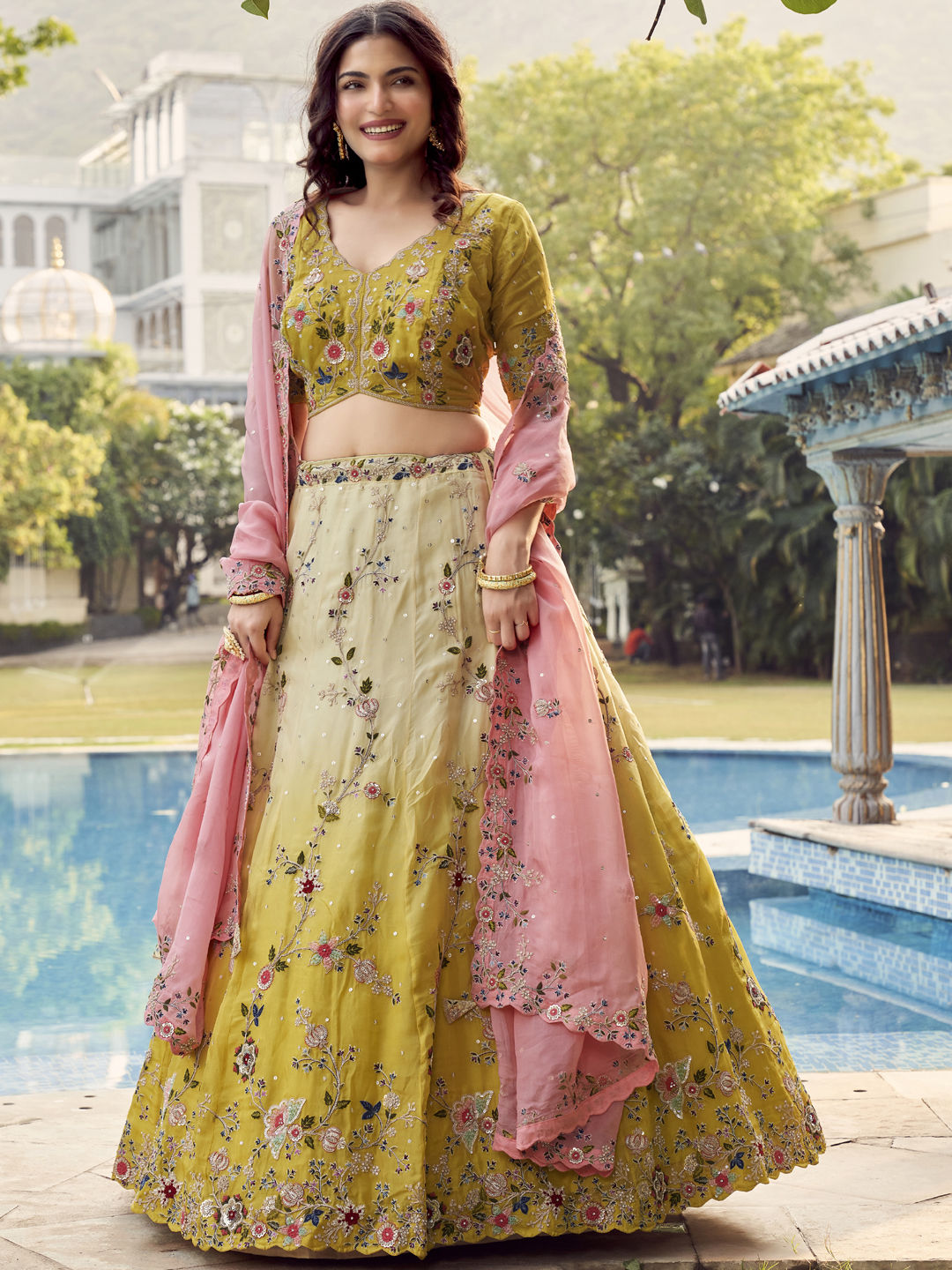 Bridal, Wedding Beige and Brown, Gold color Organza Silk fabric Lehenga : 1957808