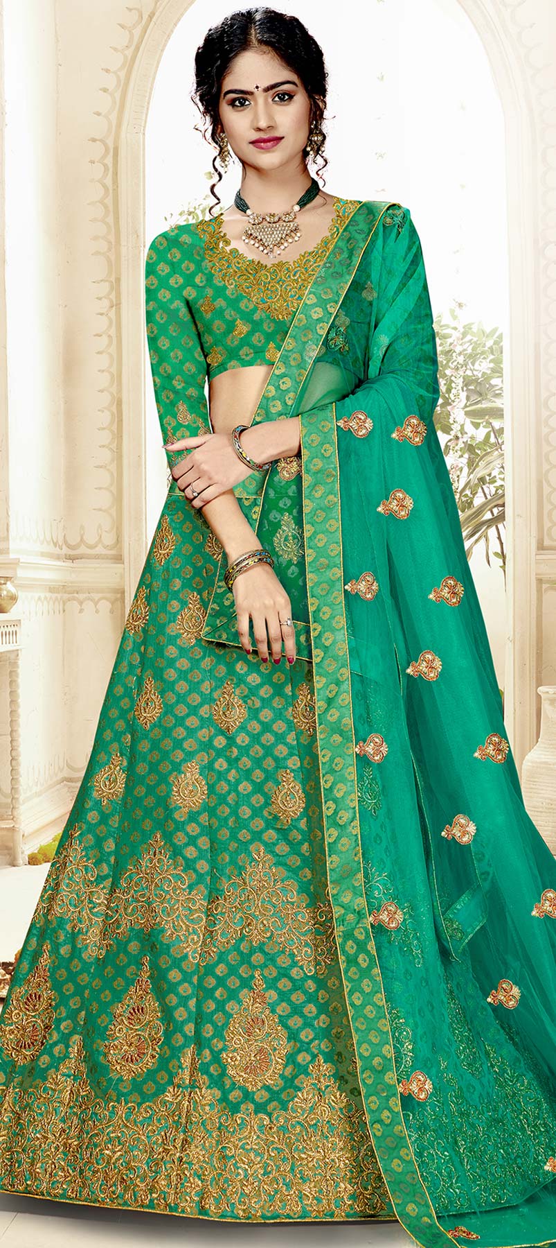 Festive, Mehendi Sangeet, Reception Green color Jacquard fabric Lehenga : 1602499