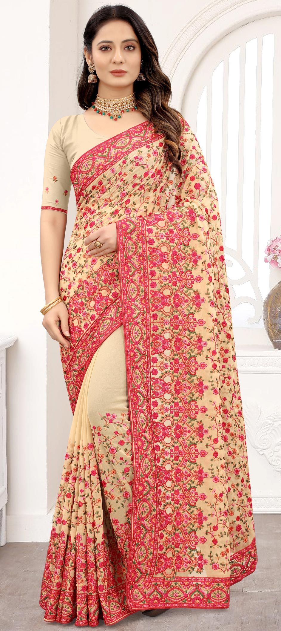 Festive, Party Wear Beige and Brown color Georgette fabric Saree : 1786402