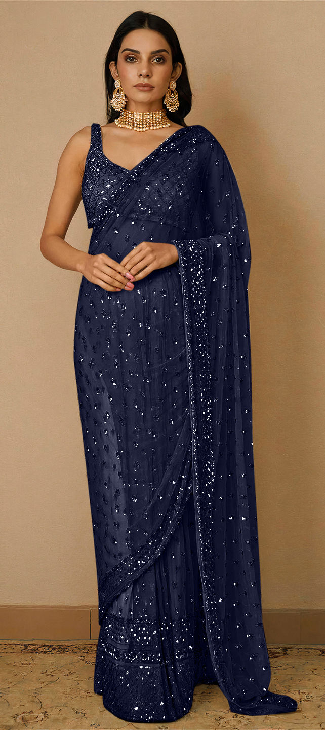 Party Wear, Reception Blue color Net fabric Saree : 1894849