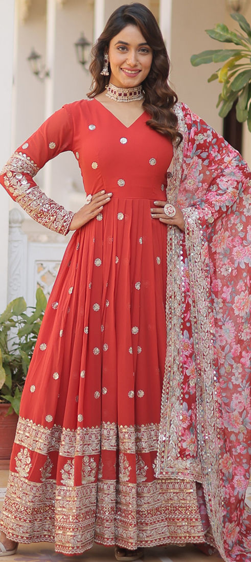 Festive, Party Wear, Reception Red and Maroon color Georgette fabric ...