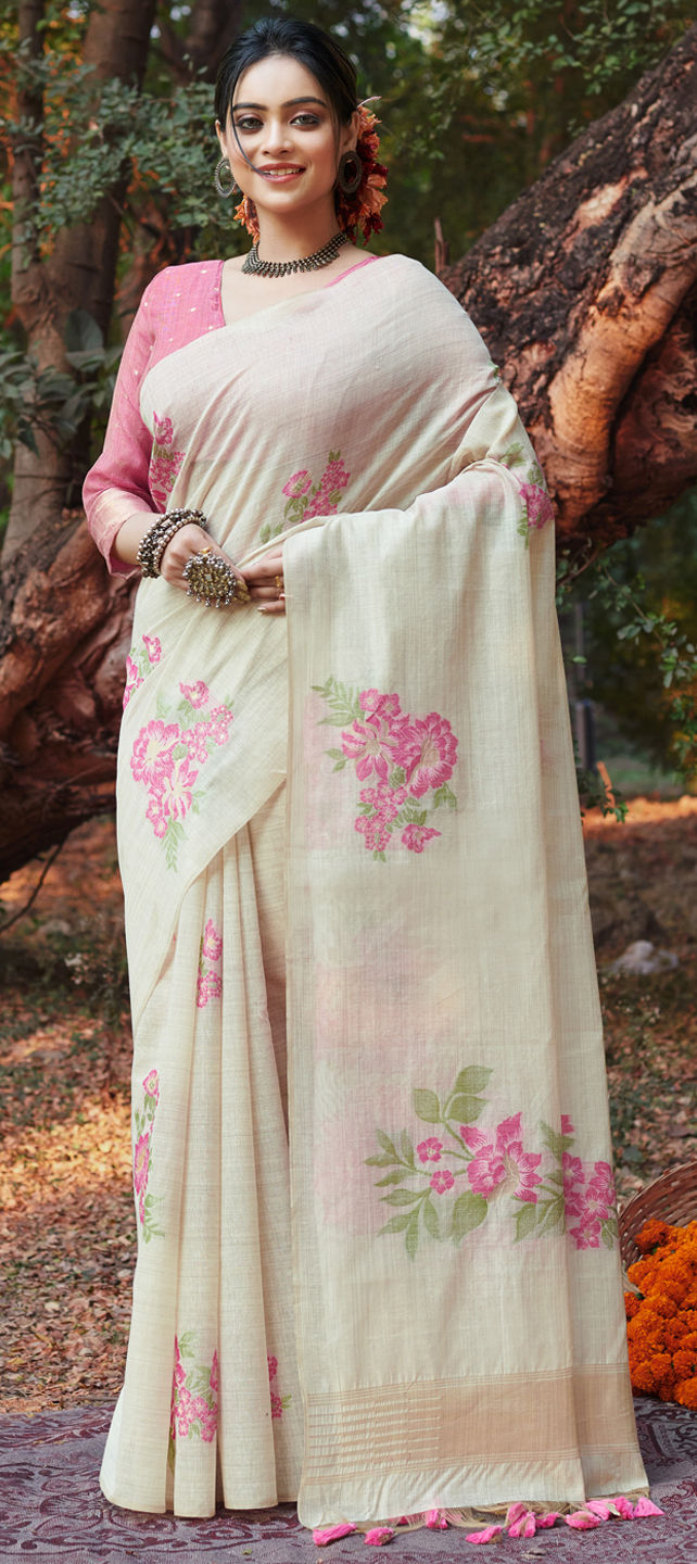 Summer, Traditional White and Off White color Cotton fabric Saree : 1941758